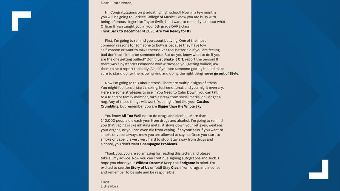 5th grader writes letter to future-self inspired by Taylor Swift ...