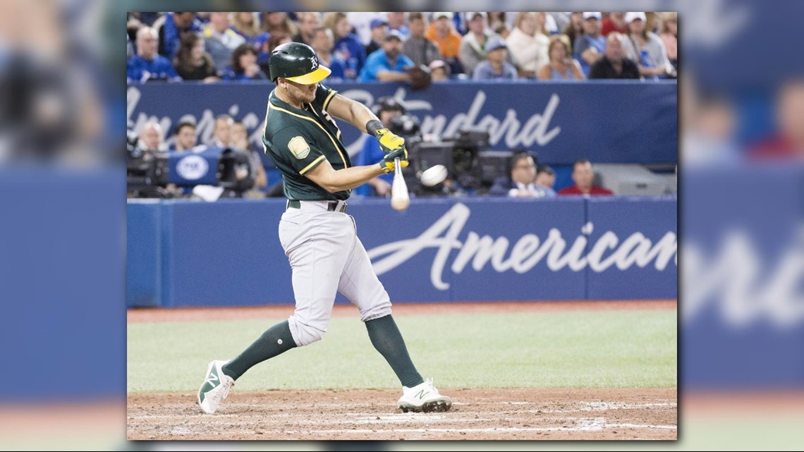 Pinder hits grand slam, A's get 5 in 8th, beat Blue Jays 5-4 | abc10.com