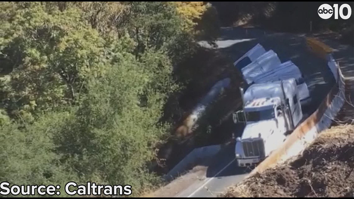 VIDEO: Caltrans video shows semi-truck fall off narrow highway | abc10.com