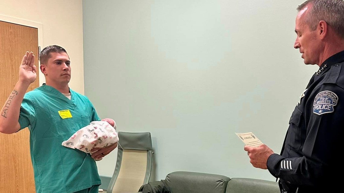 Modesto officer gets sworn at hospital with newborn son | abc10.com