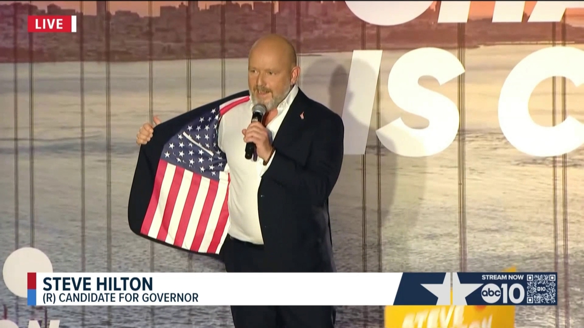 Steve Hilton shows off his special jacket on election night | abc10.com
