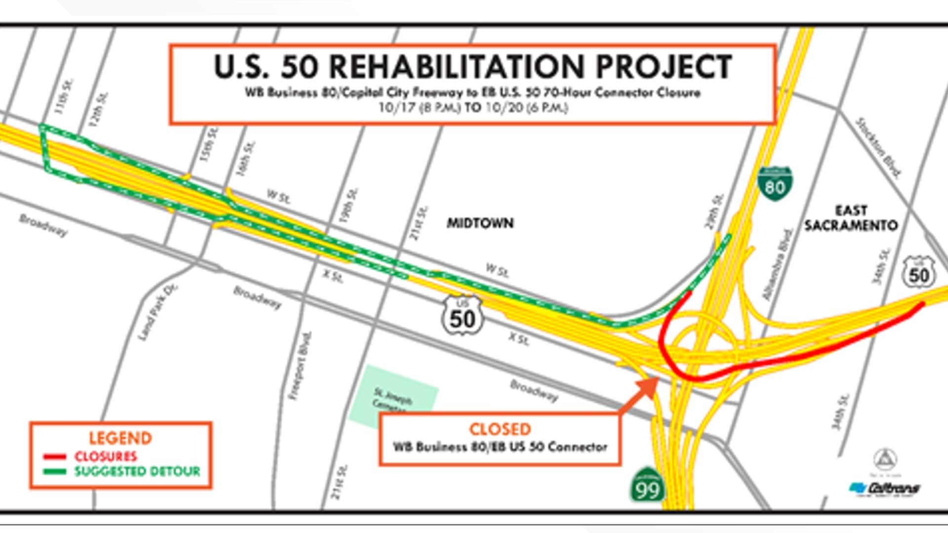 Westbound Business 80 to Hwy 50 connector to close for 70 hours | abc10.com