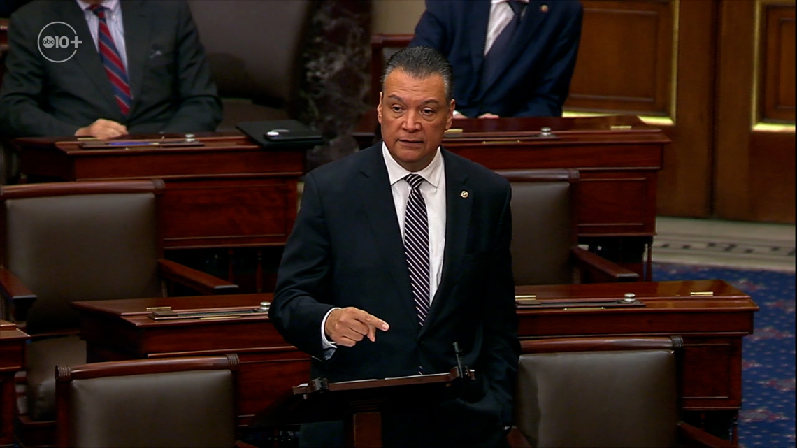 California Sen. Alex Padilla gets emotional during his remarks on the ...
