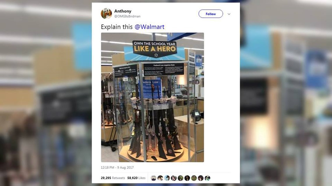 Walmart apologizes for back-to-school sign above gun display | abc10.com