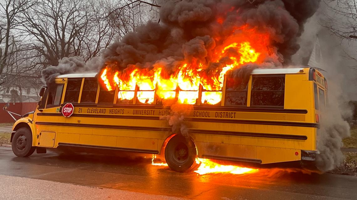 School bus fire in Cleveland Heights: Photos show bus engulfed in ...